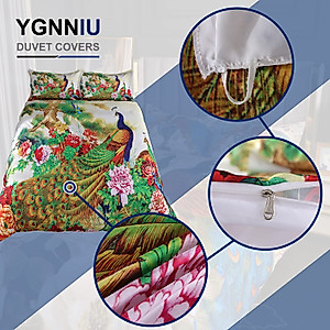 YGNNIU Peacock Duvet Cover Queen Size Floral Pattern Bedding Set Retro Chinese Style Peacock Floral Theme Duvet Cover (1 Duvet Cover and 2 Pillowcases) with Hidden Zipper