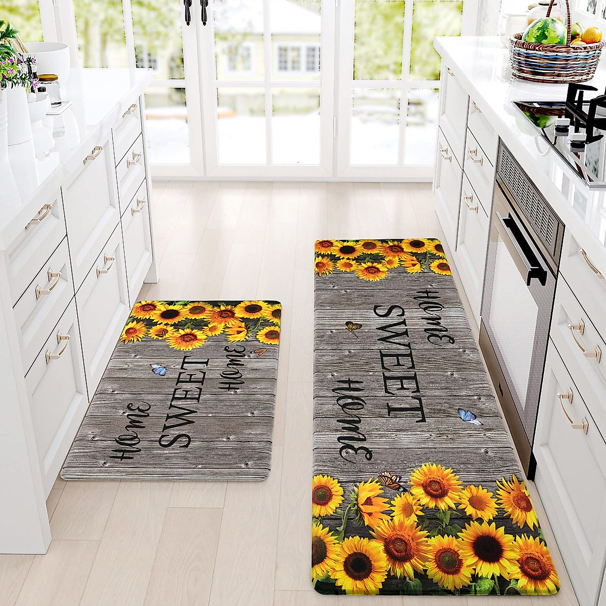 ASPMIZ 2 Piece Fall Sunflower Kitchen Mats Cushioned Anti-Fatigue Kitchen Rugs Non Slip Memory Foam Kitchen Mats and Rugs Waterproof Kitchen Floor Comfort Mats Fall Decors, 18'' x 48'' + 18'' x 30''
