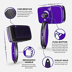 Ruff 'N Ruffus Self-Cleaning Slicker Brush With NO- PAIN Bristles | Gently Removes Loose Undercoat, & Tangled Hair | For Cats & Dogs | Reduces Shedding by 95% + Pet Nail Clipper & Comb included