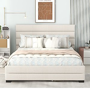 LCH Queen Size Bed with 2 Storage Drawers and a Twin Size Trundle, Upholstered Platform Queen Bed Frame with Tufted Headboard, Linen Fabric, No Box Spring Needed (Beige)