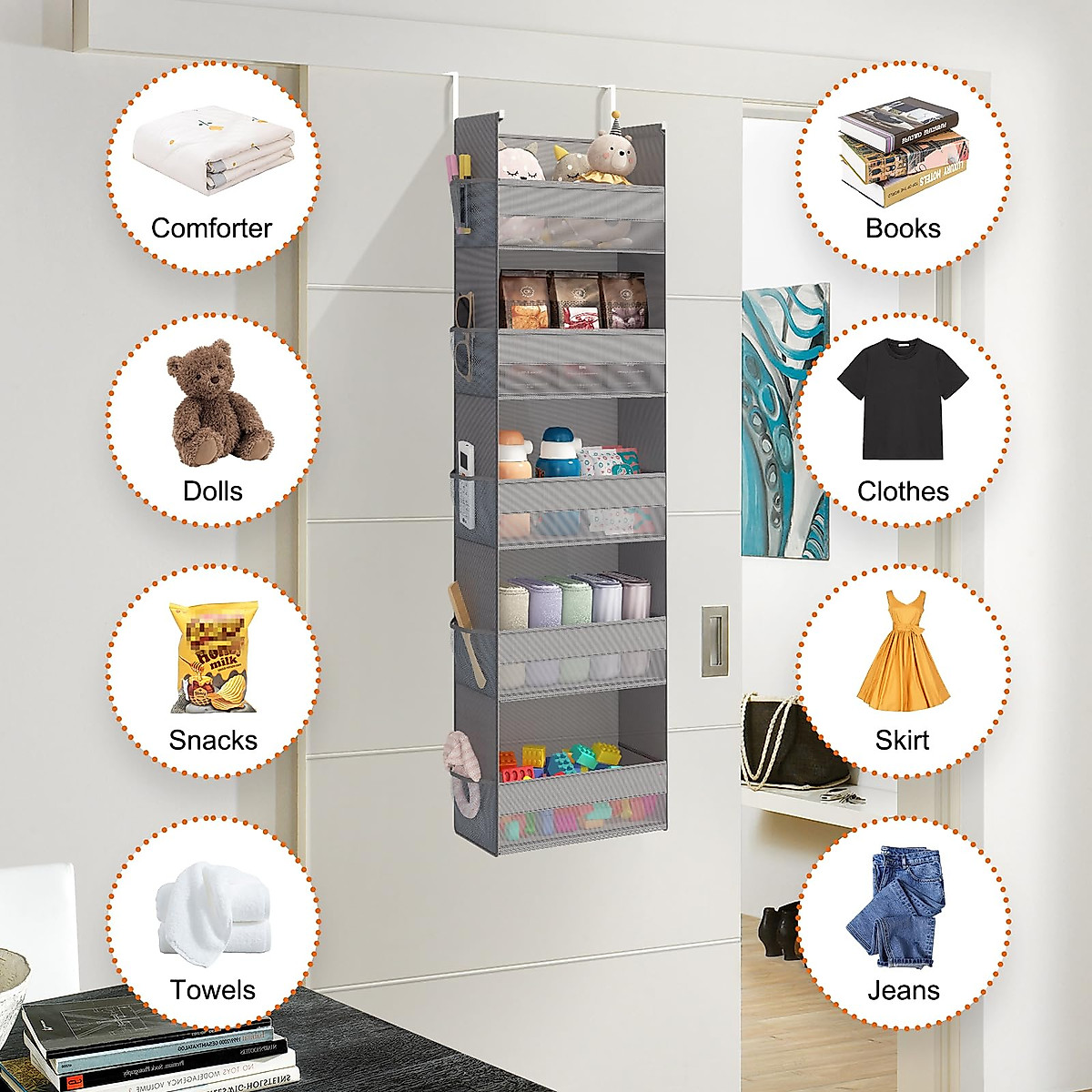 Fixwal Over The Door Hanging Organizer 5 Shelf Bathroom Organizers and Storage with 2 Large Metal Hooks and 12 Pockets for Bedroom, Living Room, Baby Nursery, Bathroom, Kitchen (Grey)