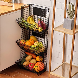 Wall Mounted Wire Basket Hanging Fruit Basket, 3 Tier Kitchen Storage Bins Fruit Vegetable and Pantry Organizier Stand, Produce Rack, Black,