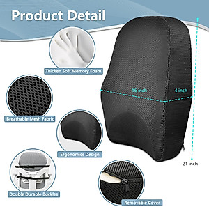 Aulase Extra Large and Soft Lumbar Support Pillow for Back Relax, 4" Thick Memory Foam for Pain Relief, Backrest with Adjustable Strap, Breathable Mesh Cover, for Desk Office Chair, 21"x16"