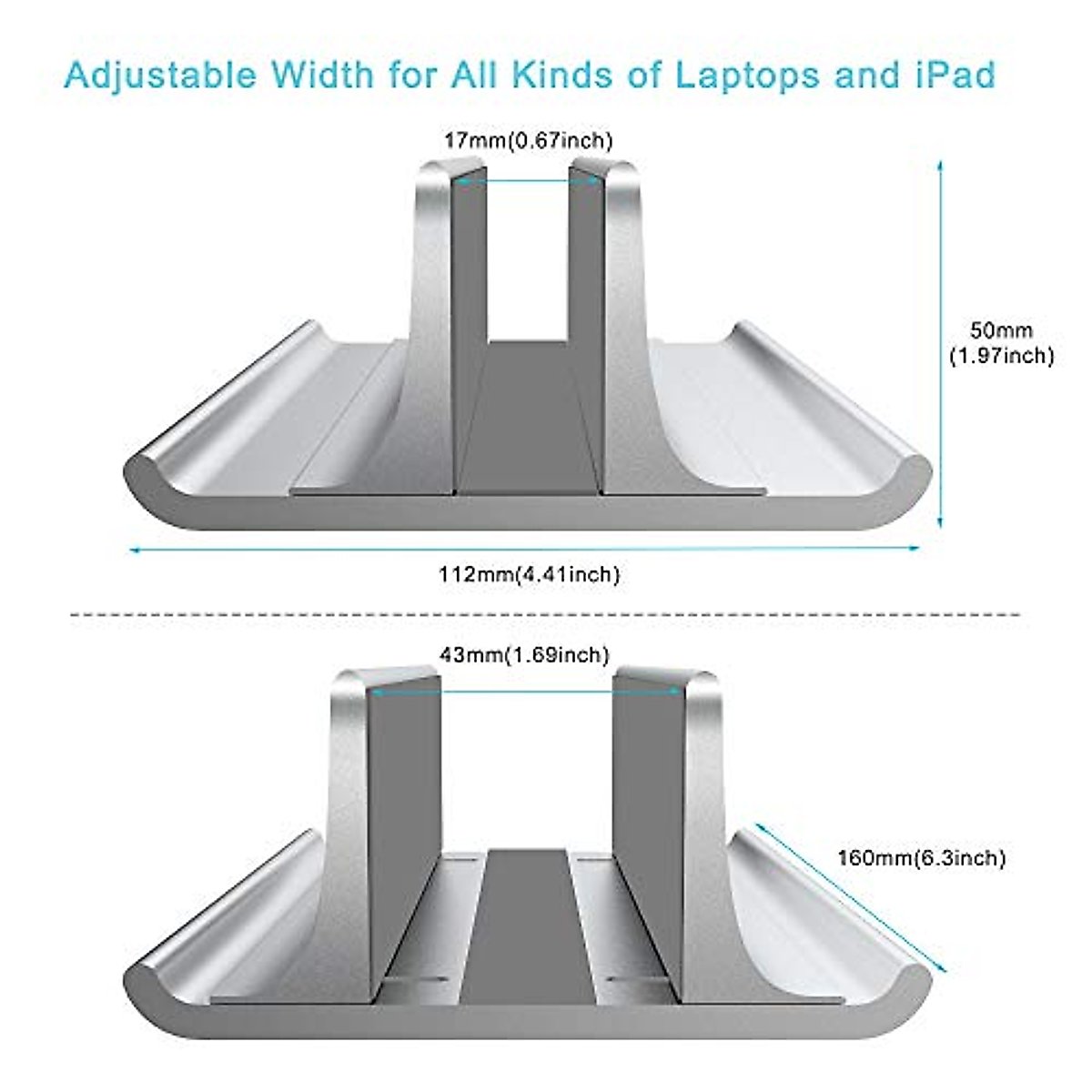 Vertical Laptop Stand Holder Adjustable Desktop Notebook Dock Space-Saving Three-in-one for All MacBook Pro Air, Mac,HP, Dell, Microsoft Surface,Lenovo, up to 17.3 inch Silver