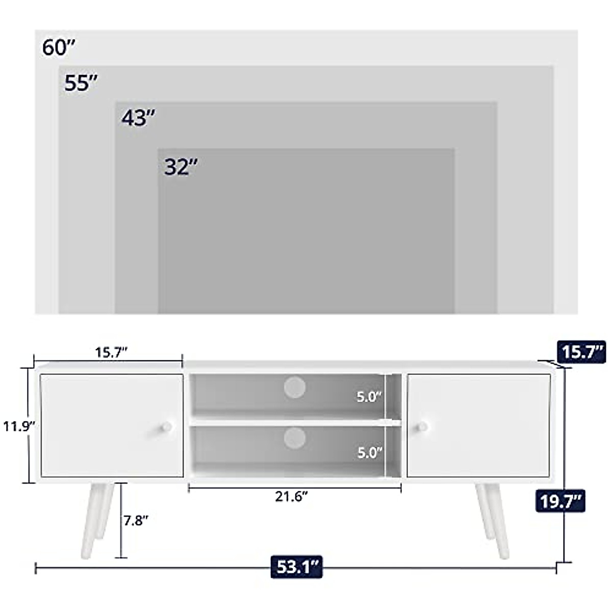 Cozy Castle TV Stand for 50/55/60 inch TV, Mid-Century Modern TV Stand with Storage, Entertainment Center TV Console, White TV Stand with Adjustable Shelves, TV Media for Living Room, Bedroom, White