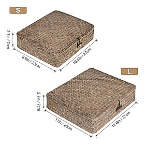FOSSORH Set of 2 Flat Seagrass Storage Bins with Lid Wicker Storage Baskets for Organizing, Woven Shelf Organizer Bins Home Utility Organizer Box for Home & Office Supplies(Coffee)