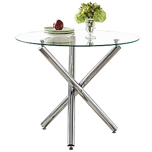 Modern Round Dining Table with Clear Tempered Glass Top, 3 Chrome Legs Kitchen Table for 2 or 4 Person,Round Dining Table Furniture for Home Office Kitchen Dining Room(W 35.4 x L 35.4 x H 29.5 inch)