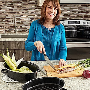 14" Enameled Roasting Pan With Lid, By Home Basics (Black) | Turkey Roasting Pan | Carbon Steel Large Turkey Roasting Pan | For Turkey, Stew, and Pot Roast