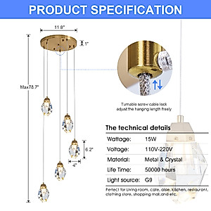 KOKAiZeeKi Dimmable Brass Gold Crystal Pendant Light - Modern 5-Light Diamond Chandelier for Kitchen Island, Dining Room, Hallway, and Bathroom