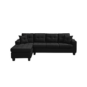 BIADNBZ Modern Sectional Sofa Set with Reversible Chaise Lounge,2 Pillows and Cup Holders,4-Seat L-Shaped Upholstered Couch for Living Room Office Apartment, Black