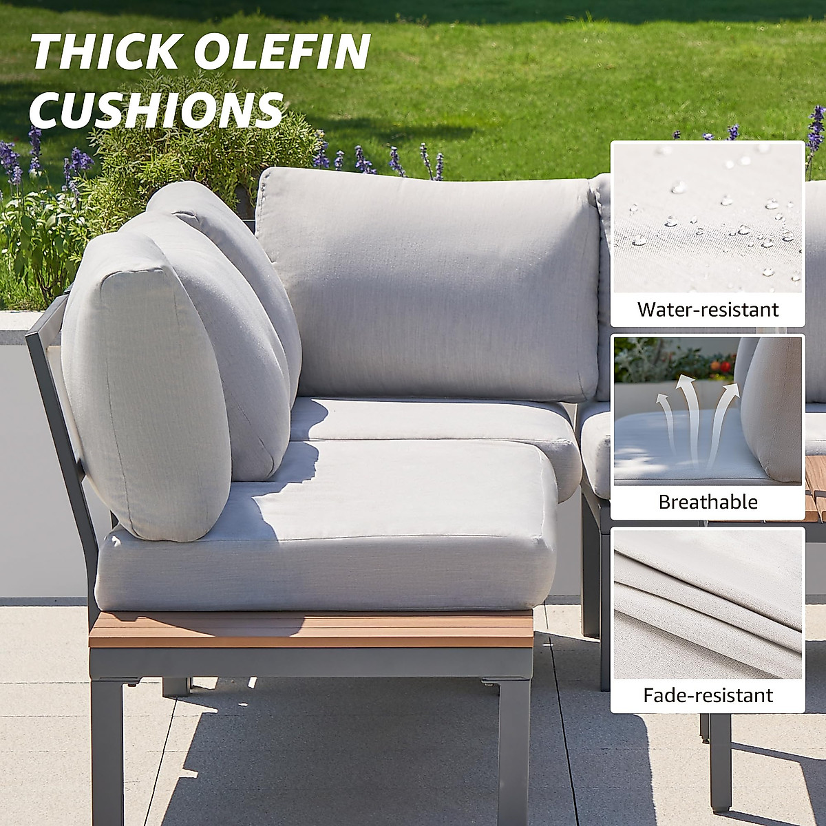 NATURAL EXPRESSIONS Patio Furniture Sets, Metal Outdoor Sectional L Shape Corner Sofa Outdoor Couch with Detachable Backrest,3 Fuaxwood Tables, Grey Thick Olefin Cushions for Yard,Garden