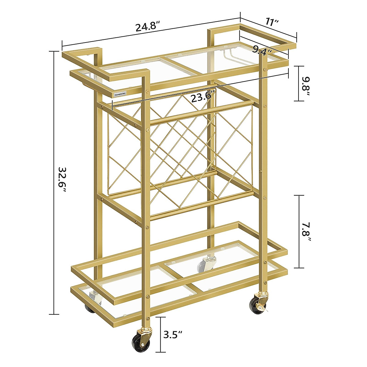 MAHANCRIS Gold Bar Cart, Home Bar Serving Cart, 3 Tier Drink Cart with 7 Wine Bottle Racks, Glass Holders, Beverage Cart on Wheels for Kitchen, Bar, Dining Room, Living Room, Outdoor, Glass, RCJ50B01