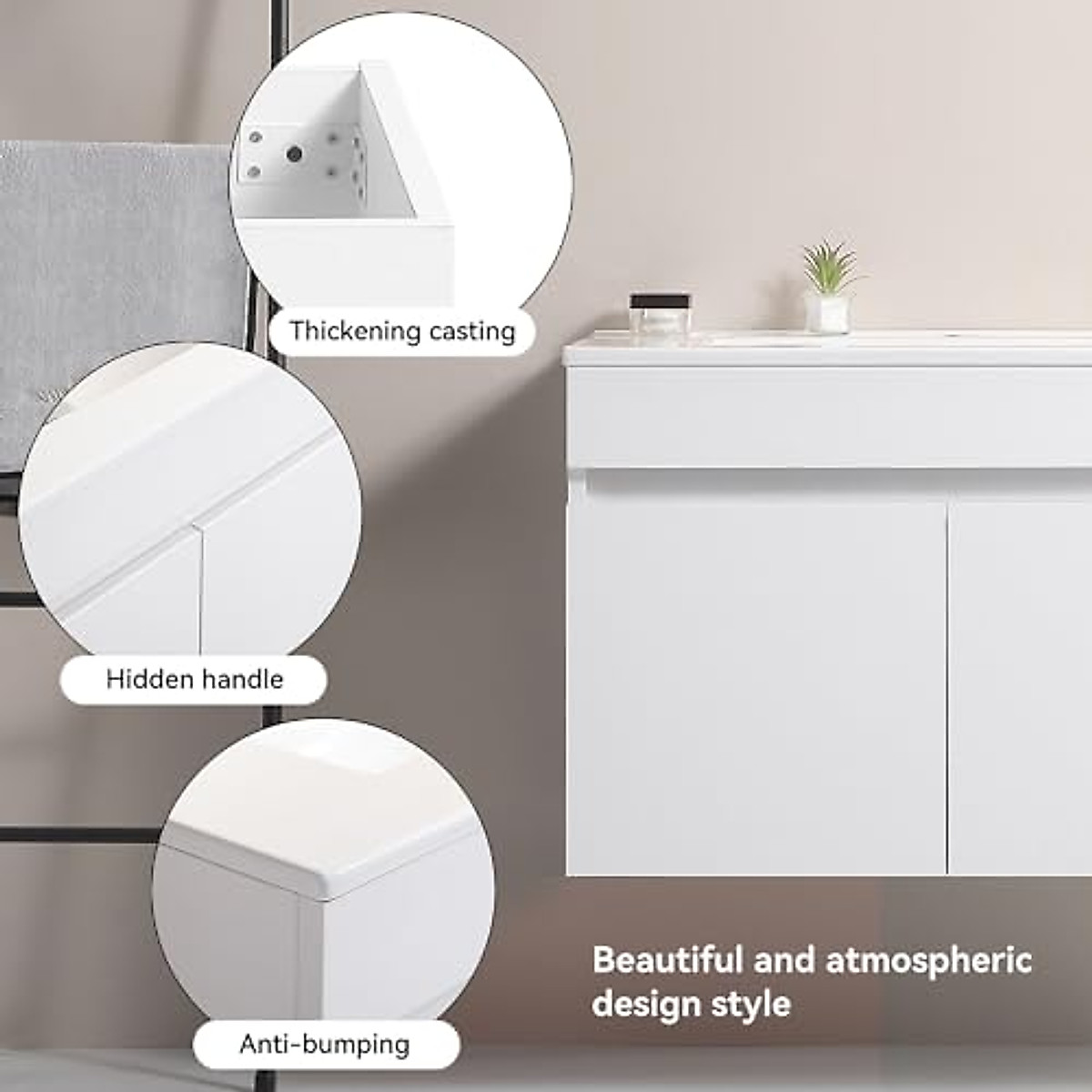 QuixotYDDZ 36 Inch Bathroom Vanity, Modern Freestanding Bathroom Vanity Cabinet with Ceramic Vessel Sink, Rubber Wood Bathroom Storage Cabinet with Top Basin and Metal Legs, White(No Faucets)
