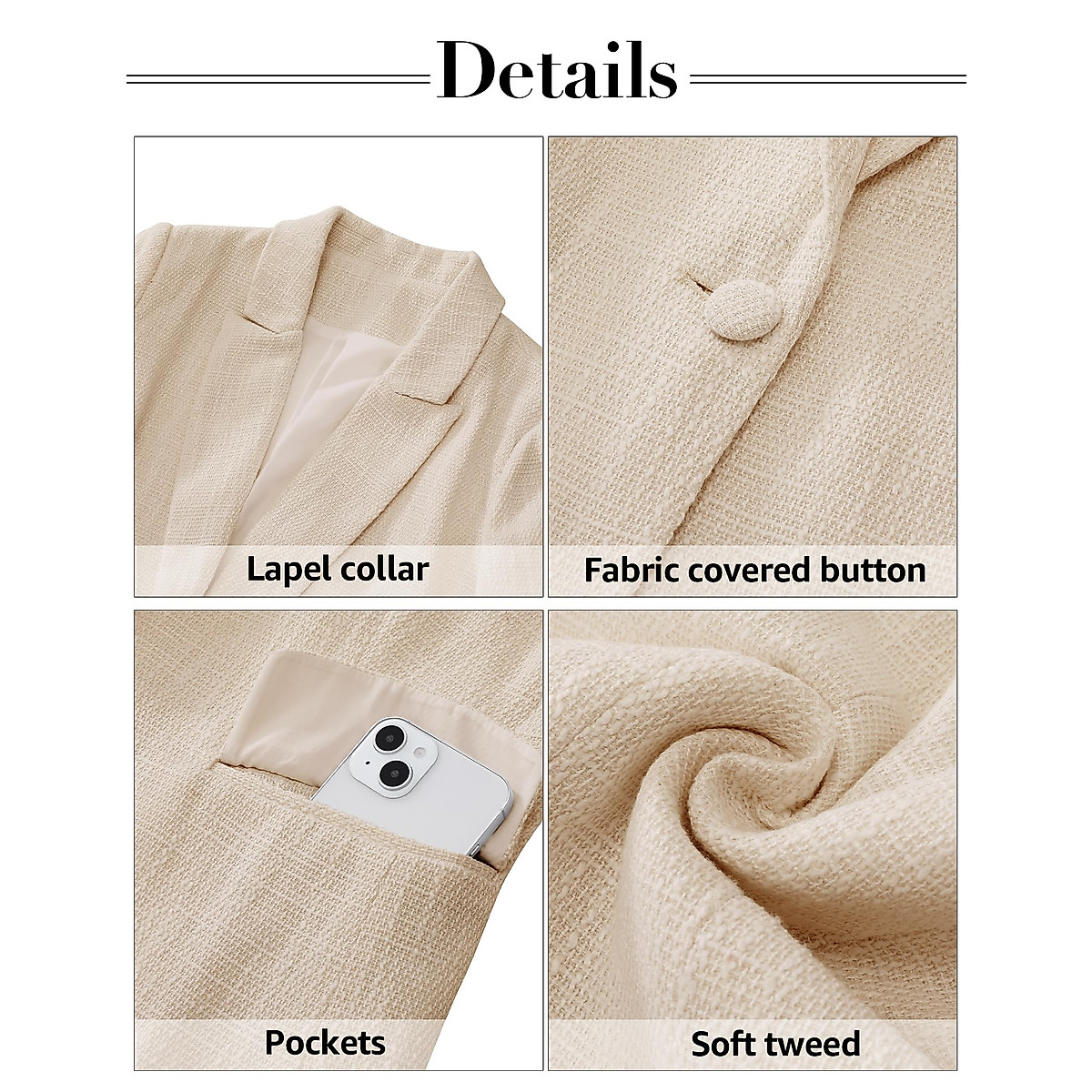 luvamia Tweed Blazers for Women Business Casual Dressy Blazer Jacket Blazers for Women Business Casual Women Blazers for Work Professional Work Clothes for Women Beige Size Small Fits Size 4 / Size 6