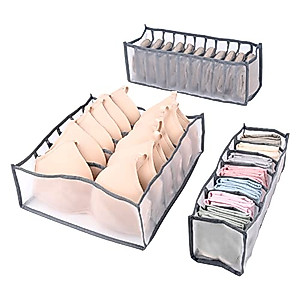 3pcs Underwear Organizers and Storage Baskets for Clothset Drawers, 6,7,11 Grids Wardrobe Clothes Organizer, Portable Clothing Storage Bins Containers for Bra,Underpants,Socks,Jeans,Scarf,Gray (GREY)
