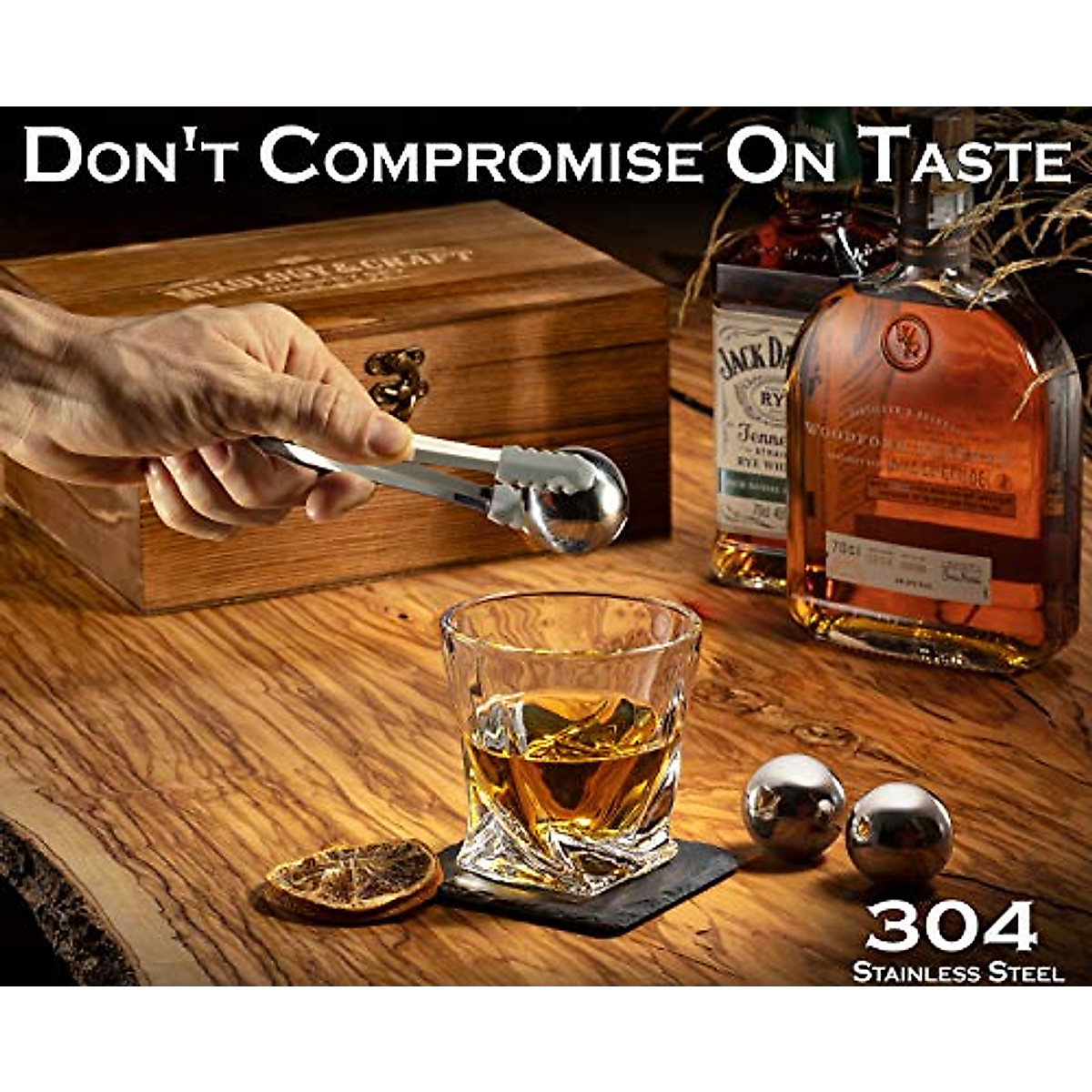 Mixology Glass & Whiskey Stones Set – Two 10oz Glasses w/ 2 Stainless Steel Balls Wooden Box - Bourbon Gifts for Men, Dad, Husband, Boyfriend, Groomsmen, Birthday Ideas﻿