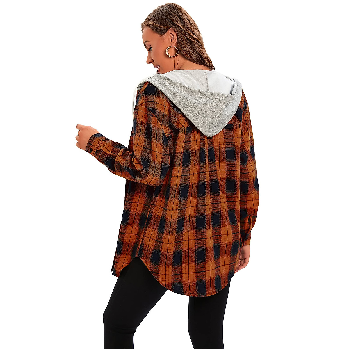 Womens Flannel Shirts Long Sleeve Oversized Boyfriend Shirts Button Down Plaid Hoodie Orange