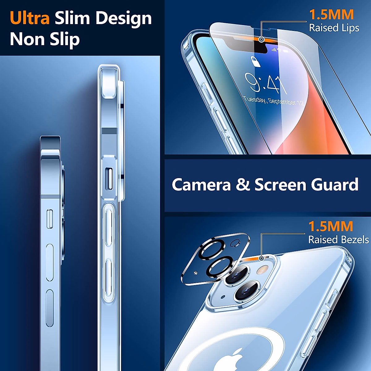 SPIDERCASE for iPhone 14 Case/iPhone 15 Case, [15 FT Military Grade Drop Protection] Magnetic [Crystal Clear] 2 Pack [Tempered Glass Screen Protectors+Camera Lens Protectors] Slim Case, Clear