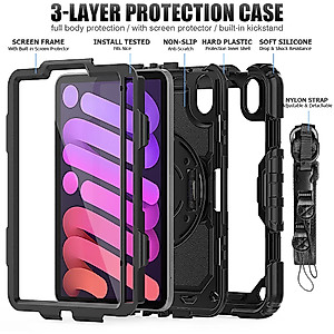 iPad Mini 6 Case 8.3 Inch 2021 with Pencil Holder & Screen Protector for Kids Boys Girls & Business | AVAKOT Protective Shockproof iPad Case for Mini 6th Gen w/Hand Shoulder Strap for Car | Black