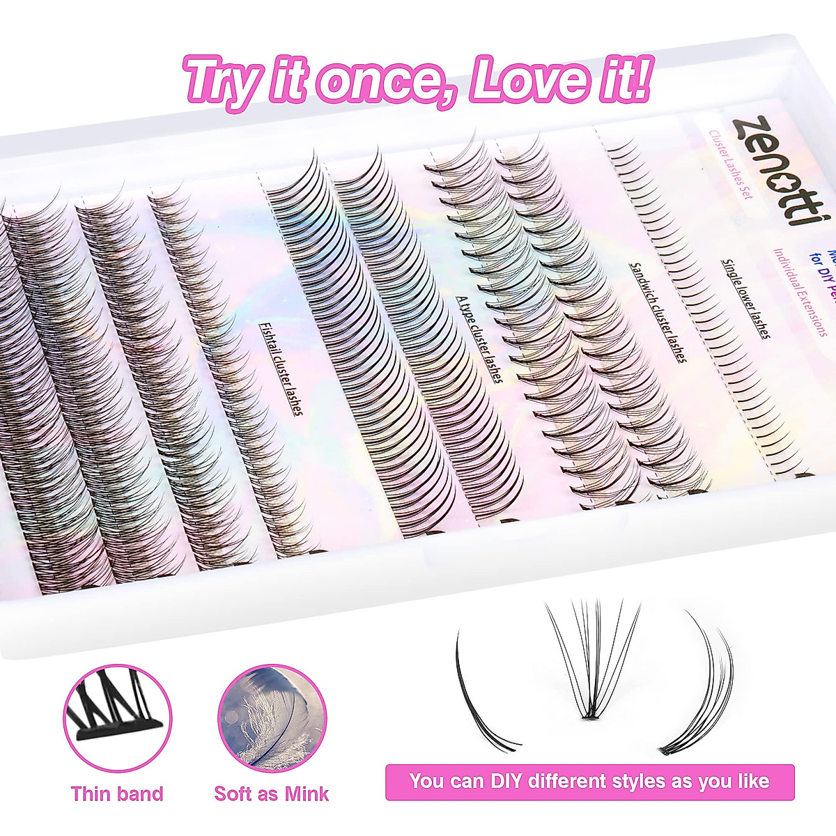 Individual Lashes Manga Lashes Individual Cluster Lashes 320pcs Mixed Pack, DIY Eyelash Extensions 5-16mm Mixed Length zenotti False Eyelashes Natural Look Reusable Super Thin Band C Curl Lower Bottom Lash Fairy Style A Shape Fish Tail Mixed Lash Clusters