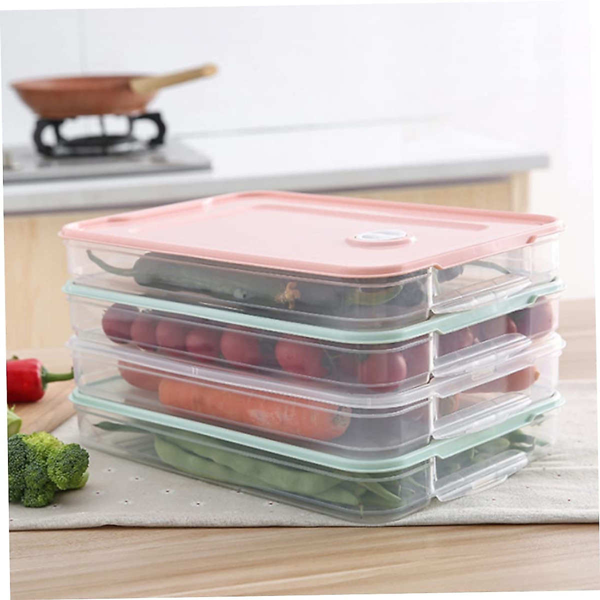 apofly 3PCS Fridge Food Holder Dumpling Storage Box Case Food Organizer Tray Container Single Layer Stackable with Lid Plastic Green