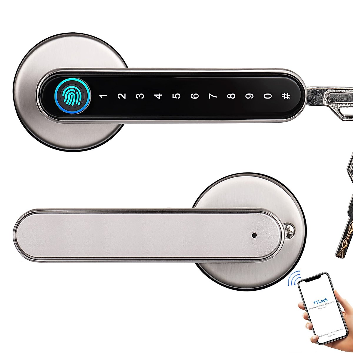 Smart Lock Fingerprint Door Lock,CATCHFACE Keyless Entry Door Lock Smart Door Handle Digital Door Lock Fingerprint/TTLock App/Code/Backup Key Smart Door Lock for Front Door Airbnb Office(Satin Nickel)