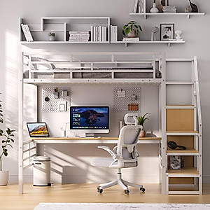 GM Ultra Full Size Loft Bed with Desk & Storage Stairs, Metal Loft Bed Frame with Wardrobe, Versatile High Loft Bed for Kids Teens Adults, Sturdy Slats Support, No Box Spring Needed, White