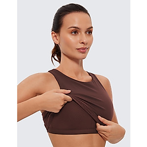 CRZ YOGA Butterluxe Racerback High Neck Longline Sports Bras for Women - Padded Workout Crop Tank Tops with Built in Pads Taupe Large