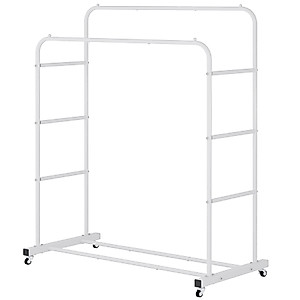 Laiensia Double Rods Clothing Rack with Wheels, Garment Rack for Hanging Clothes, Multi-functional Bedroom Clothes Rack, White