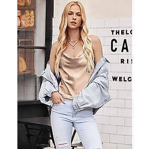 Ekouaer Satin Cowl Neck Tank Top Women Camisole Silky Loose Sleeveless Basic Blouse Ladies Satin Tank Shirt Champagne