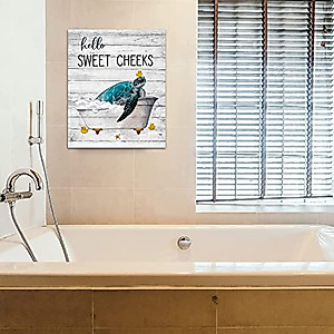 citari Sea Turtle Bathroom Wall Art Teal Sea Turtle Pictures Funny Sea Turtle in Bathtub Canvas Painting Print Artworks Coastal Beach Themed Ocean Animal Nautical Bathroom Decor Framed12''x16''