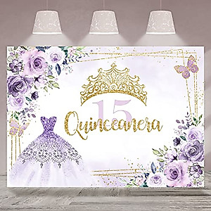 Rsuuinu Quinceañera 15th Birthday Backdrop Purple Floral Rose Gold Spots Photography Background Mexico Flower Fifteen Crown Princess Birthday Party Decorations Banner Supplies Photo Booth Props 7x5ft