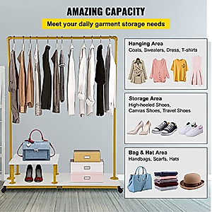 VEVOR Clothing Garment Rack, 47.2"x14.2"x63.0", Heavy-duty Clothes Rack w/Bottom Shelf & Side Shelf, 4 Swivel Casters, Sturdy Steel Frame, Rolling Clothes Organizer for Retail Store Boutique, Gold