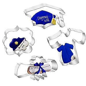 4 Pieces Graduation Cookie Cutters, Stainless Steel Molds Graduation Cap, Gown, Diploma, Medallion Shapes for High School College Party Supplies