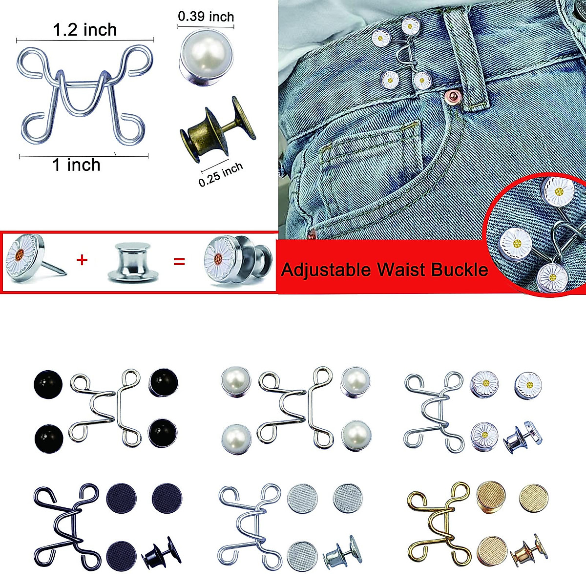 Urmspst 4 Set Pant Waist Tightener, Adjustable Waist Buckle Set, Extra Button for Jeans to Make Tighter, Button Adjuster for Pants, Jeans, Skirts, Sleeves, (Black)