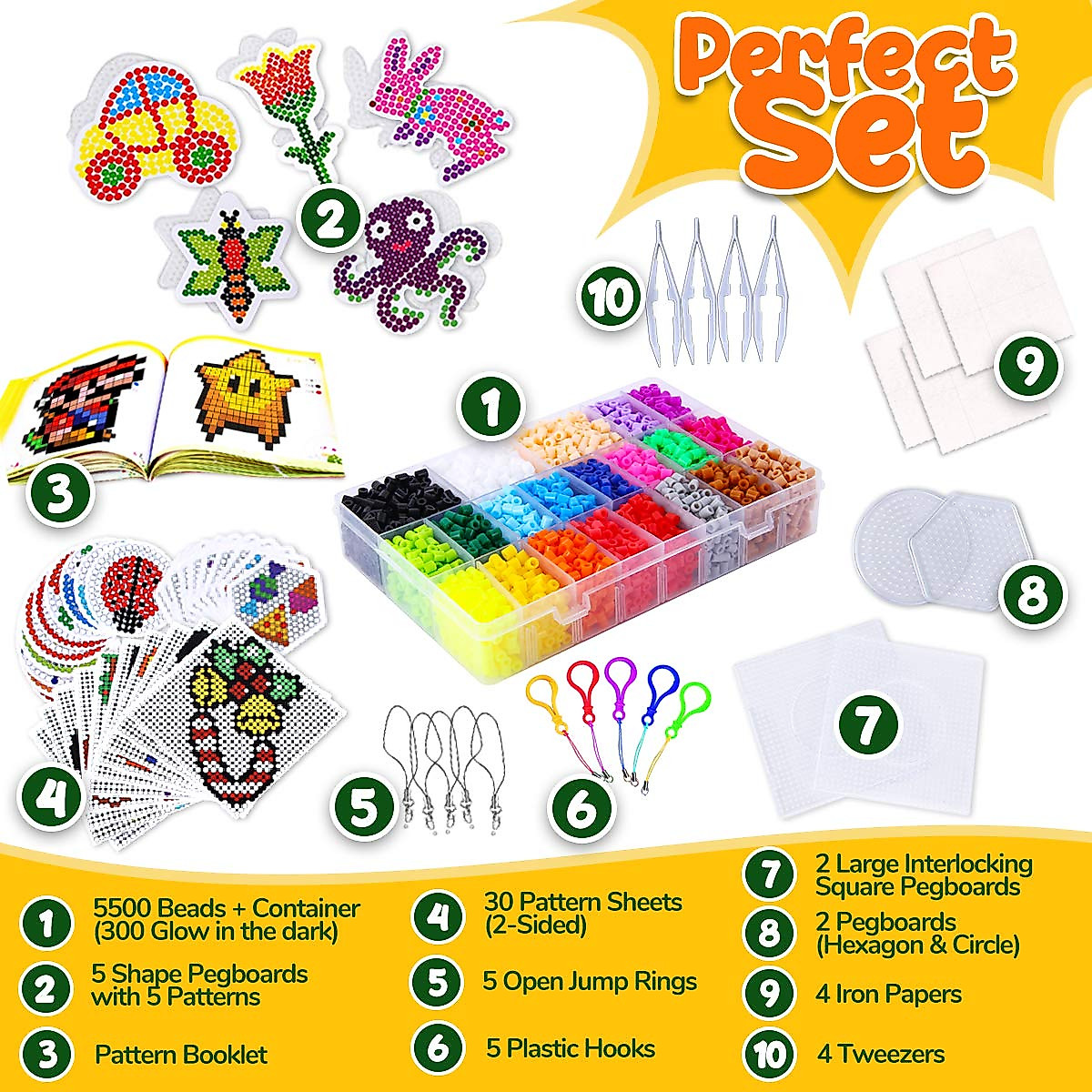 GoodyKing 5500 pcs+ Arts and Crafts Fuse Beads Kit for Kids with Instruction - 5mm Pixel Art Melty Plastic Beads Set with 111 Patterns, 21 Assorted Colors Plus - School Teens Kids Age 4 5 6 7 8 and up
