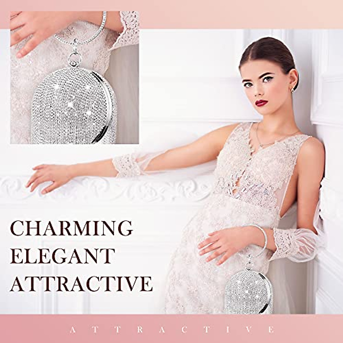 2 Pieces Women's Evening Handbags Rhinestone Clutch Wedding Purse Rhinestone Bag Triangle Bling Glitter Clutch Bag Round Ball Crystal Tassel Evening Bag for Bridesmaid Engagement Party(Silver)