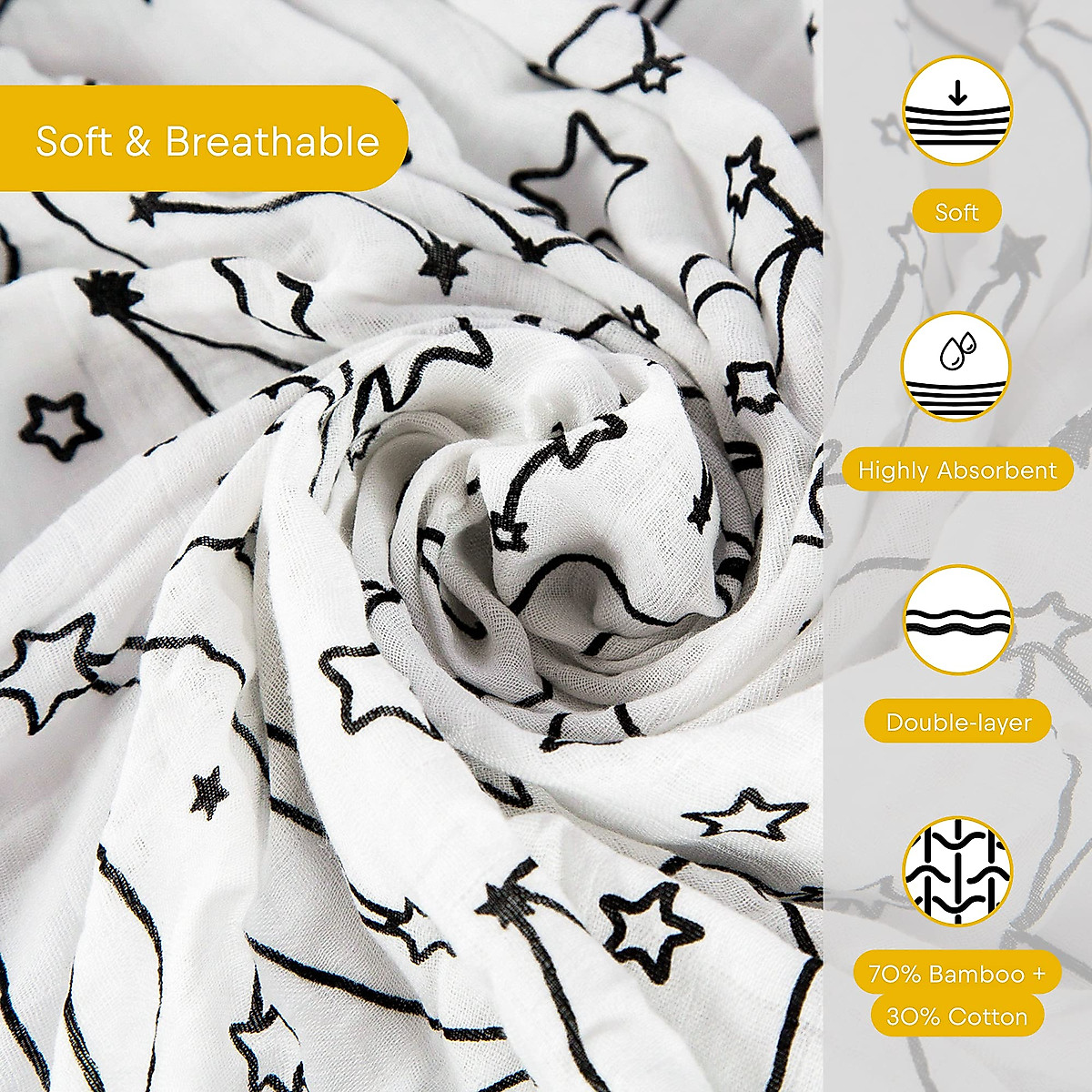 Iron Lily Muslin Swaddle Blankets for Baby Boys & Girls -Stars (3pack) - 70% Rayon derived from Bamboo, 30% Cotton- Newborn Black and White Muslin Blanket Baby - Receiving Muslim Infant Wrap Swaddles