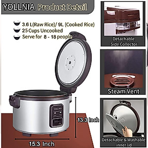 YOLLNIA Commercial Rice Cooker & 45 Cups (Cooked) Large Cooker Rice | 8.17Qt Rice Warmer Commercial | 1200W Fast Cooking Electric Rice Cooker for Restaurant | Auto Keep Warm | Non-Stick Inner Pot