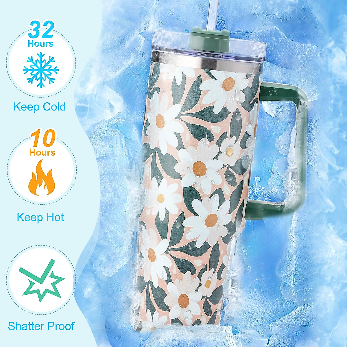 40 oz Tumbler with Handle and Straw, Flowers Insulated Travel Mug Iced Coffee Cup, Reusable Stainless Steel Insulated Water Bottle, Keeps Drinks Cold for 34 Hours, Dishwasher Safe, BPA Free