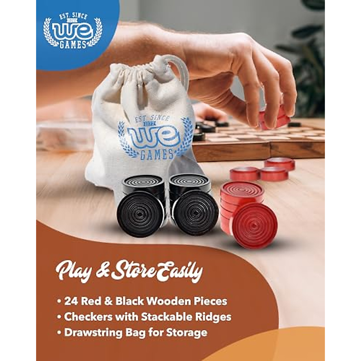 WE Games Checkers Pieces Only, Wooden Checker Board Game Pieces, 24 Red and Black Stackable Pieces, Drawstring Storage Bag, 1.062 Diameter