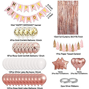 Amandir Rose Gold Birthday Party Decorations Kit, Confetti Foil Rose Gold Balloons Happy Birthday Banner Tassels Metallic Fringe Curtains 30th 40th 50th 60th Birthday Mother's Day Supplies for Women