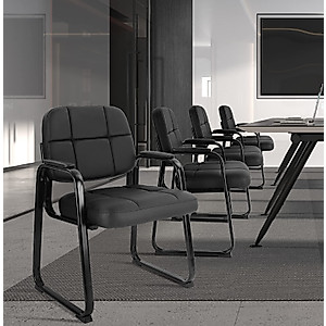 CLATINA Waiting Room Guest Chair with Bonded Leather Padded Arm Rest for Office Reception and Conference Desk Black with Sled Base 2 Pack