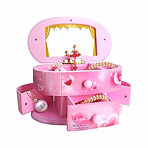 Qulable Musical Jewelry Box,Girl's Musical Jewelry Storage Box with Drawer and Dancing Ballerina Makeup Mirror Music Box Jewelry Storage Music Box for Kids Children (Pink)