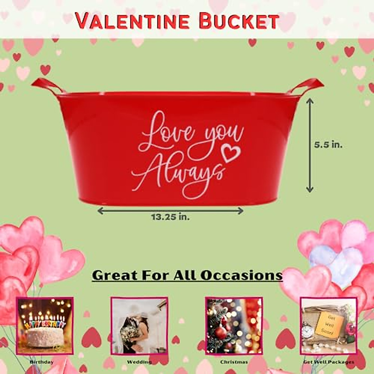 Ja'Cor Love You Always Red Plastic Oval Buckets with Handles, Wedding Valentines Day Gifts Gift Baskets Organizer Storage Containers Ice Bucket Party Holiday Decorations with 1-Pc Ja'Cor Spatula