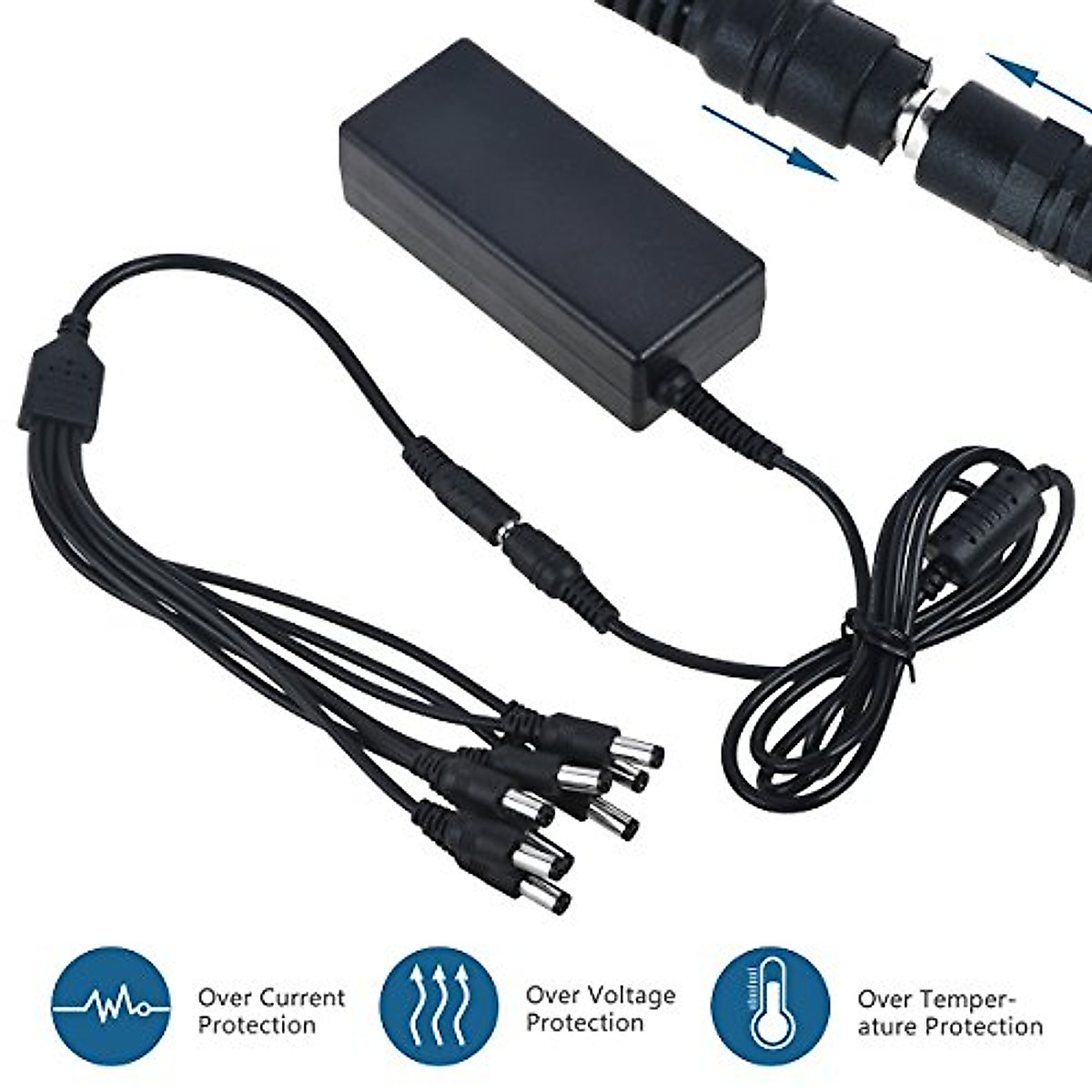 ABLEGRID Charger Compatible with Swann Lorex Q-See Security Camera 12V 5A 60W 2-Prong Plug AC to DC 2.5x5.5mm w/8-Way Power Splitter Cable Power Supply for CCTV Security Camera DVR, LED Strip Lights