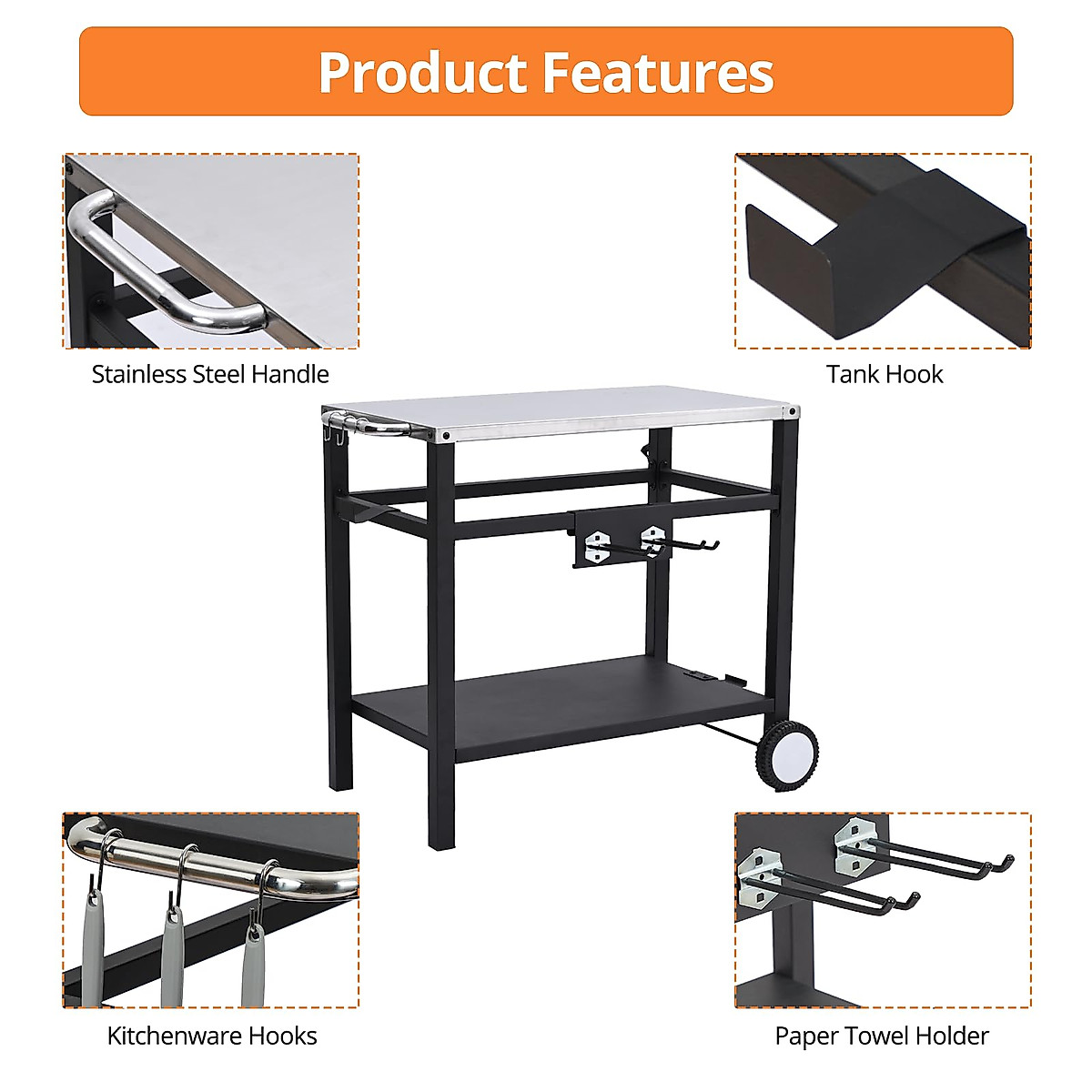 Dining Cart,Outdoor Grill Cart,Stainless Steel,with 4 Hooks, Double-Shelf,Side Handle,Wheels,Cooking Table for Outdoors, Kitchen or Backyard, Movable BBQ Trolley,Multifunctional and Commercial