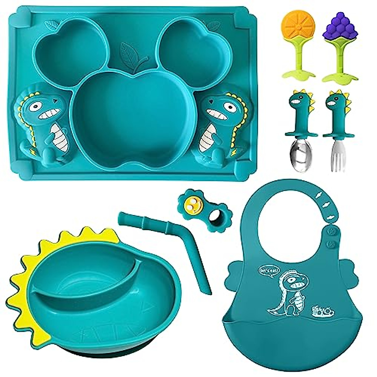 Dinosaur Silicone Baby Feeding Set |Toddler Utensils, baby spoon and fork, waterproof bibs, bowl & suction plates for Self-Feeding. Baby Led Weaning, Toddler feeding supplies. (Dino Green)