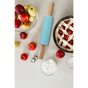 Ceramic Rolling Pin,16 inch with Wooden Handle and Stand, Rolling Pin for Baking Pastry, Pizza, Dough, Cookie, Pie Crust, Pasta, Bakery, Non-Stick Surface, Easy to Clean (Turquoise)