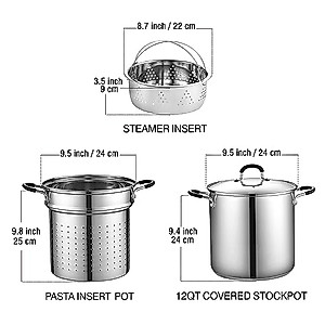 Cook N Home 4-Piece Stainless Steel Pasta Cooker Steamer Multipots, 12 Quart, Silver